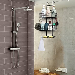 Fogein Over the Door Shower Caddy, Hanging Organizer Shelf Rustproof, Shower Basket with Suction Cup, Bathroom Shower Caddy Over The Door with Hook & Soap Box, No Drilling(3 Tier, Black)