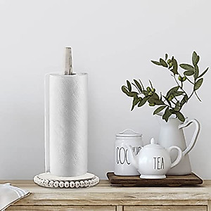 Farmhouse Paper Towel Holder Washed Beaded Paper Towel Stand Wood Paper Hanger Rack Standing Towel Roll Stand Organizer Paper Roll Holder Roll Dispenser for Kitchen Bathroom Countertop Cabinet, White