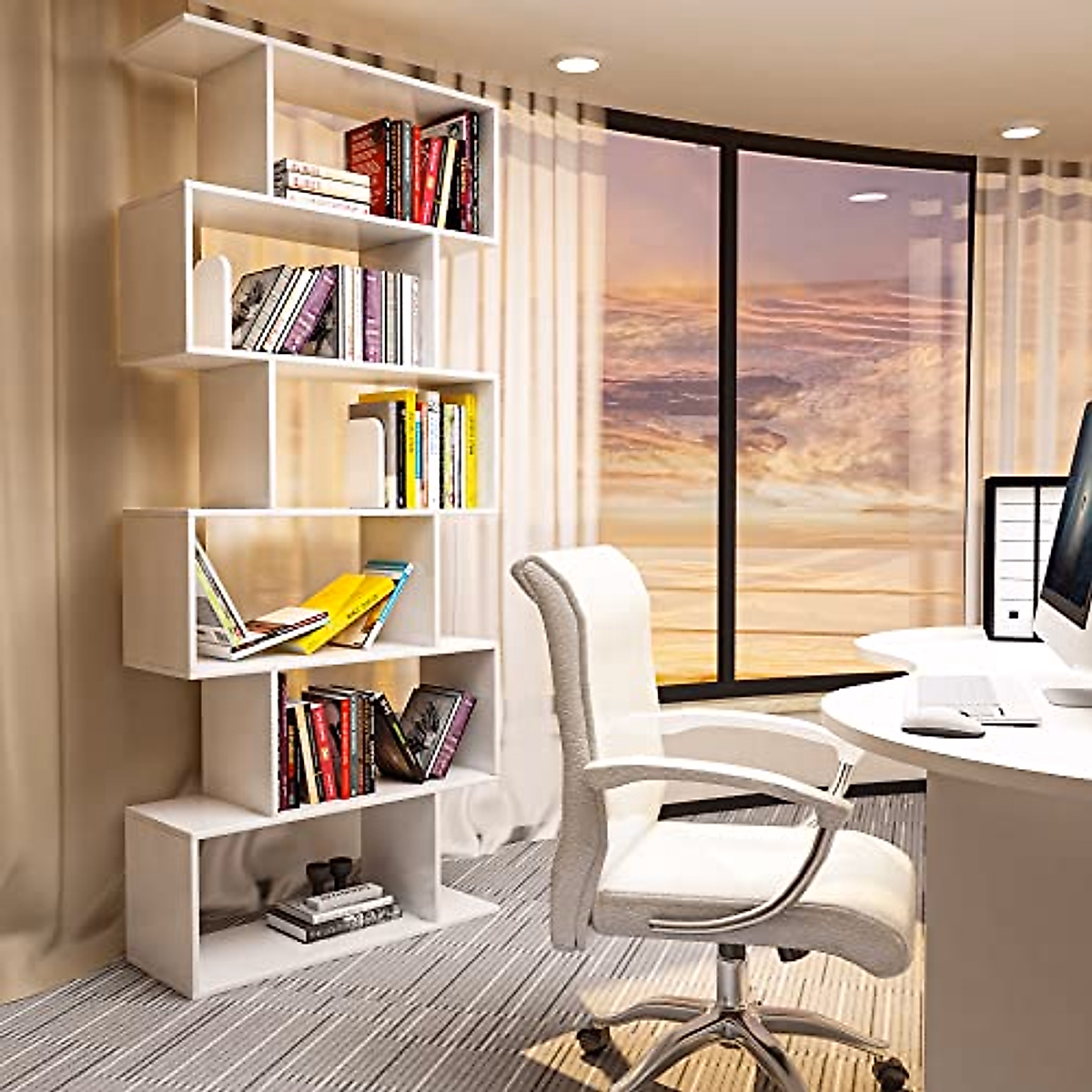 Boloni Geometric Bookcase with 2 Bookends, 6 Tier Modern Bookshelf, 76in Tall White Bookshelf, Freestanding Lego Display Shelves