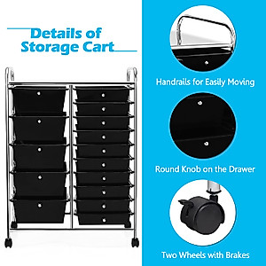 GOFLAME 15-Drawer Rolling Storage Cart, Multipurpose Movable Organizer Cart, Utility Cart for Home, Office, School, Black