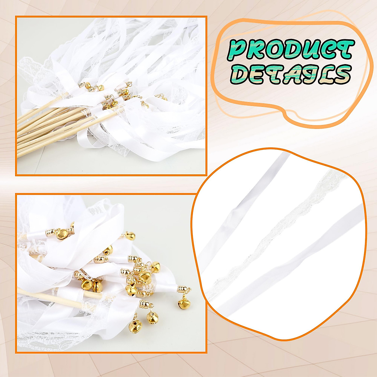 40 Pack Ribbon Stick Wands Streamers Silk Fairy Wand Bulk White Lace Ribbon with Bell for Wedding Holiday Activities Party Favors Bridal Shower