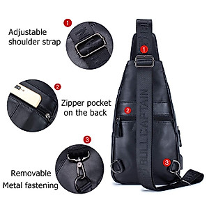 BULLCAPTAIN Genuine Leather Mens Sling Bag Multipurpose Travel Crossbody Chest Bag Daypacks with USB Charging Port (Black)