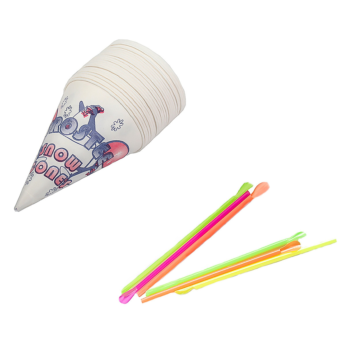 Perfect Stix Snow Cone-Straws- 100 Snow Cone Cups and Assorted Neon Straws (100 Count of Each) (Pack of 200)