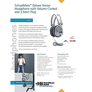 HamiltonBuhl SC-7V SchoolMate Deluxe Stereo Headphone with 3.5 mm Plug and Volume Control, Leatherette Cushions, Replaceable, Heavy-duty, Write-on, Reclosable Bag, Volume Control On Ear Cup
