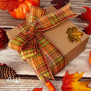 Ribbli Fall Burlap Wired Ribbon with Metallic Edge, 1.5 Inch x 10 Yard,Fall Plaid Ribbon for Big Bow,Fall Wreath,Gift Wrapping, Orange/Burgundy/Green