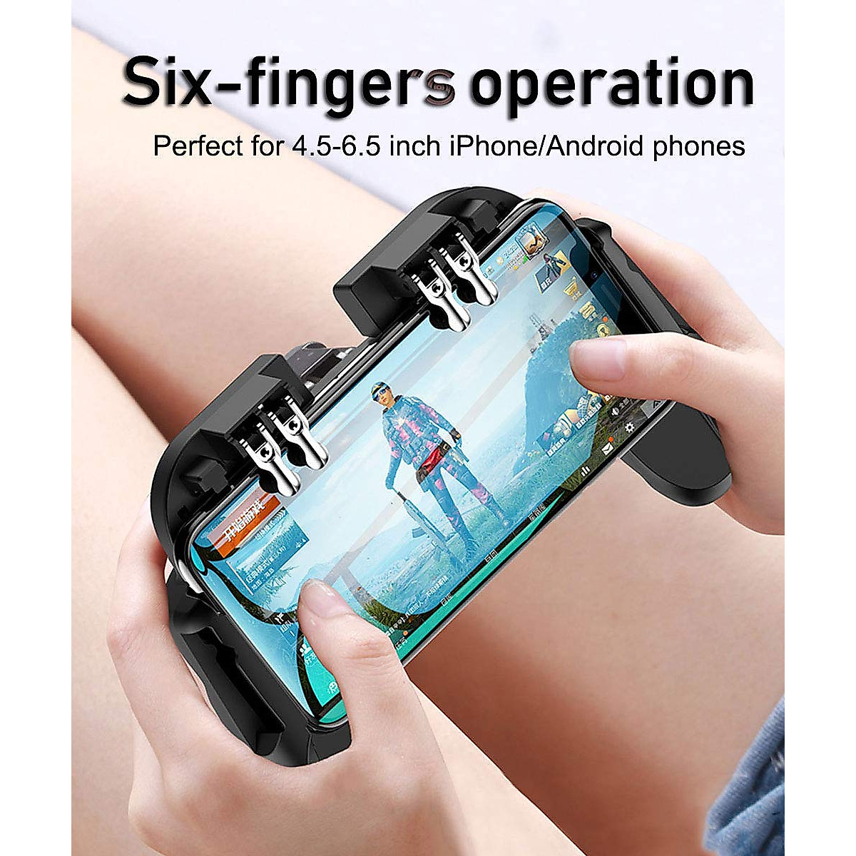 4 Trigger Mobile Game Controller with Cooling Fan for PUBG/Call of Duty/Fortnite [6 Finger Operation] YOBWIN L1R1 L2R2 Gaming Grip Gamepad Mobile Controller Trigger for 4.7-6.5" iOS Android Phone