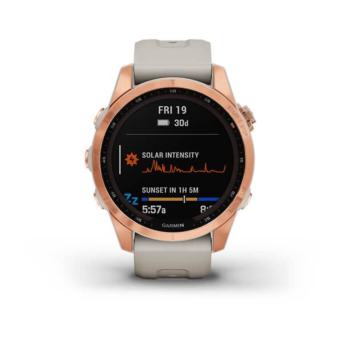 Garmin Fenix 7S Solar Edition Smart Watch Rose Gold with Light Sand Band (42mm) + Watch Charging Stand + USB Car/Wall Adapter + 6TH AVE Cleaning Kit (010-02539-10)