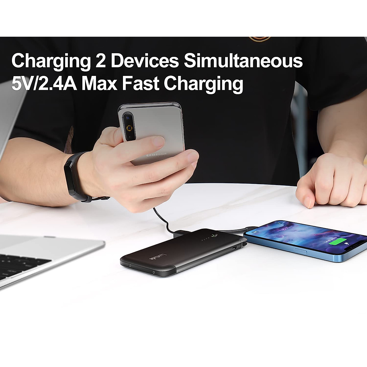 Luxtude 10000mAh Portable Charger for iPhone Built-in Lightning Cable, Mfi Apple Certified Slim Power Bank Portable Phone Charger, Fast Charging External Battery Pack for iPhone15, Android, iPad etc.