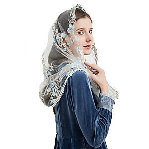 YuRongsxt Lace Infinity Chapel Veil Mantilla Veil Multicolored Embroidered Cherry Blossom Style Latin Mass M7 (Marian Blue+Pale Gold)