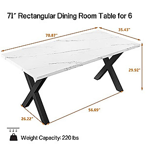 Henf 71" Dining Table for 6-8 People Luxury Faux Marble Kitchen Table Rectangular Dining Room Table with Double X-Shape Metal Base, Large Long Dinner Table for Kitchen Dining Room (White & Black)