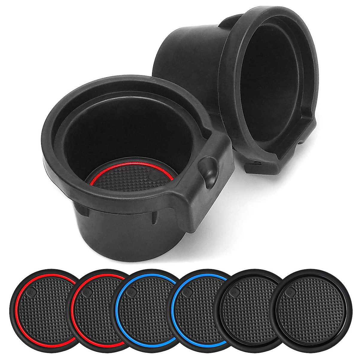 Auovo 2 Pcs Cup Holder Inserts Replacement for Frontier 2005-2019 Xterra 05-15 Pathfinder 05-12 Replace 96975-EA000 96975-ZS00A(with 3 Pairs of TPE Coasters in red Blue All Black)