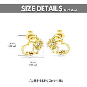 SISGEM 14k Yellow Gold Sunflower Heart Stud Earrings for Women