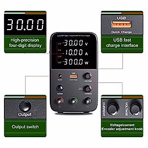 DC Power Supply Variable, Bench Power Supply with Output Switch, Short Circuit Alarm, Adjustable Switching Regulated Power Supply 30V 10A with 4-Digits LED Power Display, USB Quick-Charge Interface