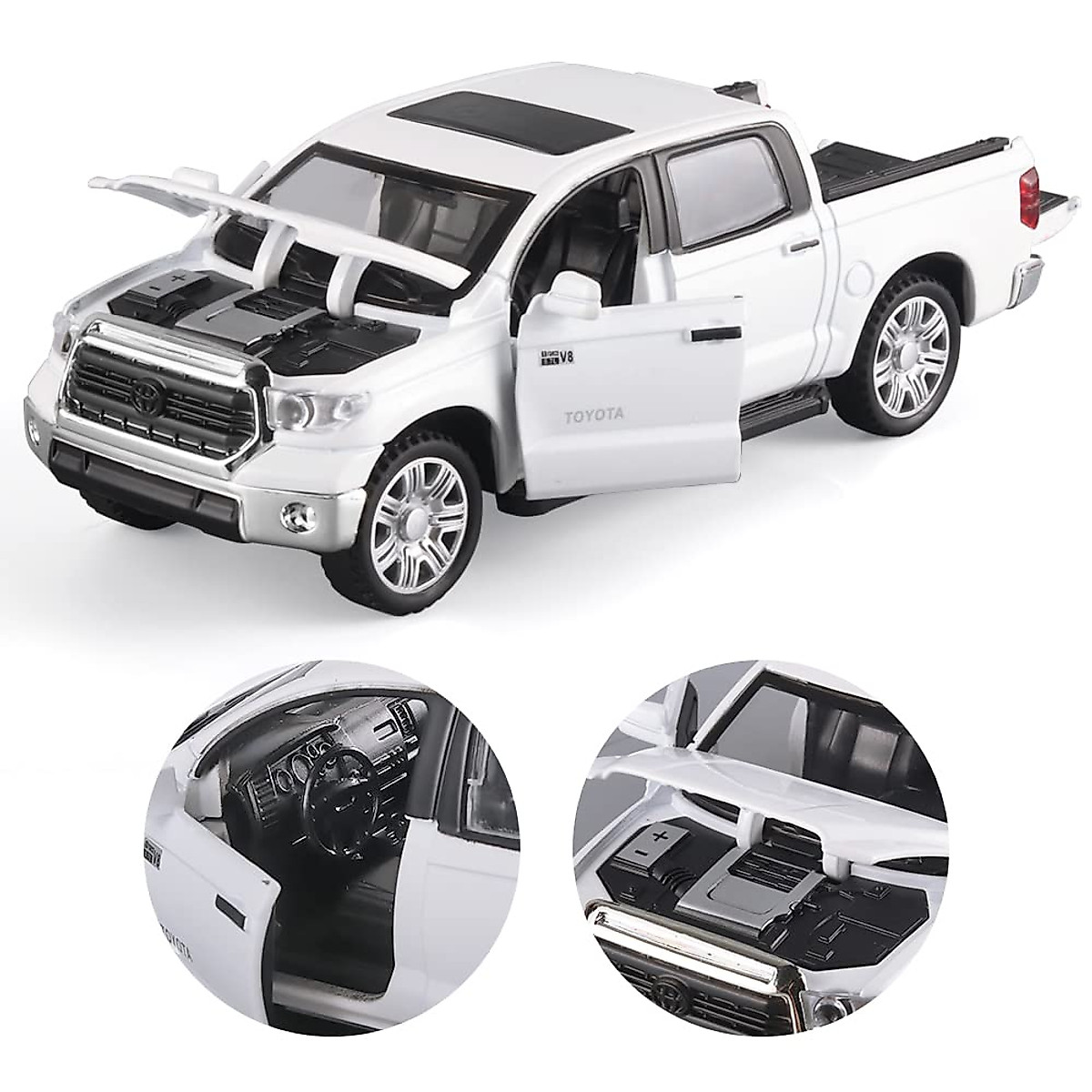 OANMYJJO Toy Pickup Trucks for Boys 1/32 Tundra Diecast Cars Model，Zinc Alloy Toy Pickup Truck，with Sound and Light、Pull Back，Birthday Gifts for Kids Ages 3 Year and UP（White）
