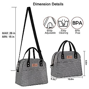 HOMESPON Reusable Insulated Lunch Bag Cooler Tote Box with Front Pocket Zipper Closure for Woman Man Work Picnic or Travel(Black and White Stripe with Shoulder)