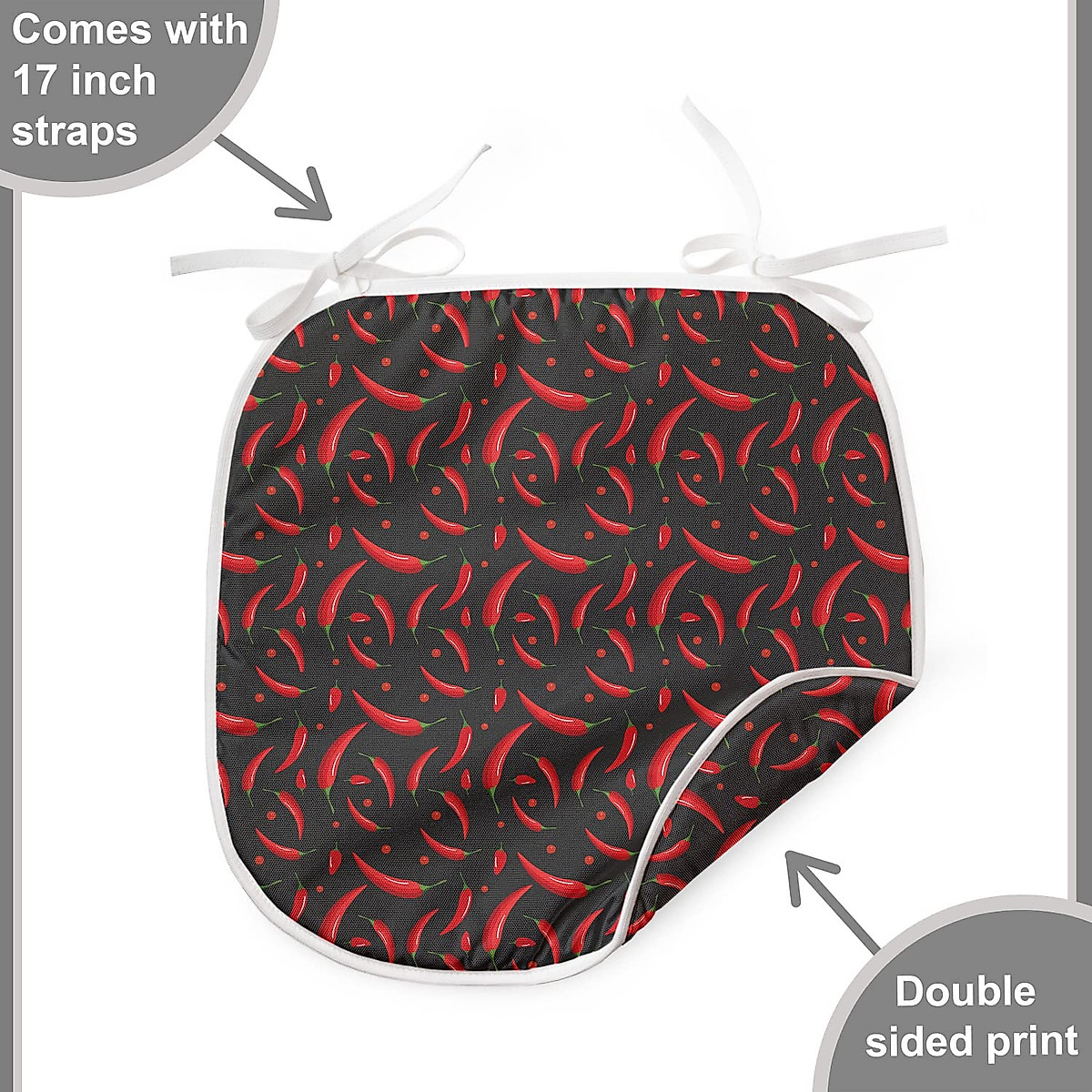 Lunarable Chili Pepper Dining Chair Pad, Repetitive Jamaican Thai Cayenne Food Hot Spice in Cartoon Drawing, Decorative and Water Resistant Pillow with Ties for Kitchen Seats, Dark Grey Vermilion
