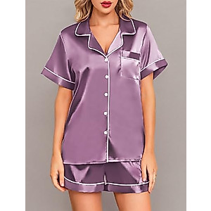 Women's Silk Satin Pajamas Set Short Sleeve Sleepwear Two Piece Button Down Pj Set with Pockets Violet