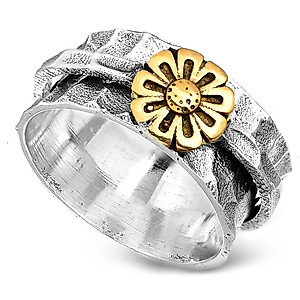 Boho-Magic Sunflower Ring, Spinner Rings for Women 925 Sterling Silver and Brass Sunflower | Nature Wide Band Fidget Meditation Anxiety jewelry