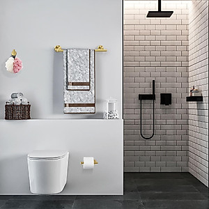 5 PCS Matte Black Bathroom Hardware Set,304 Stainless Steel Towel Rack Set Round Wall Mounted Includes 16" Hand Towel Bar,Toilet Paper Holder,3 Towel Hooks Bathroom Accessories Kit (Gold)