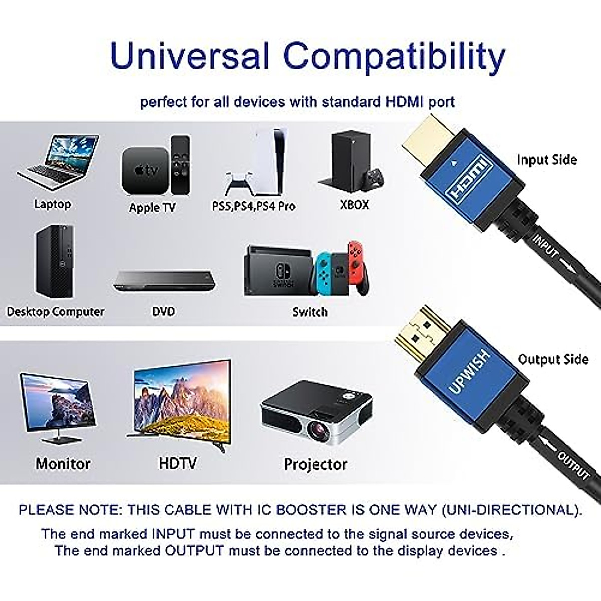 UPWISH 4K HDMI Cable 75 Ft with Signal Booster | HDMI 2.0 High Speed Unidirectional Cables 4K60Hz 2K 1080P 3D ARC HDCP2.2 Ethernet Cord | for UHD TV Monitor Laptop Xbox PS4 PS5 (22.8m)