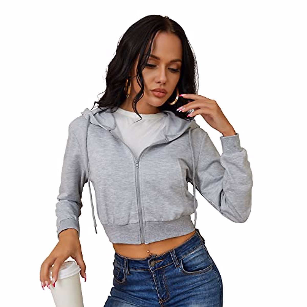 milanpavilion Women's Cropped Zip Up Hoodie Sweatshirt Long Sleeve Zipper Basic Workout Crop Jacket Teen Zipper Hoodie Grey