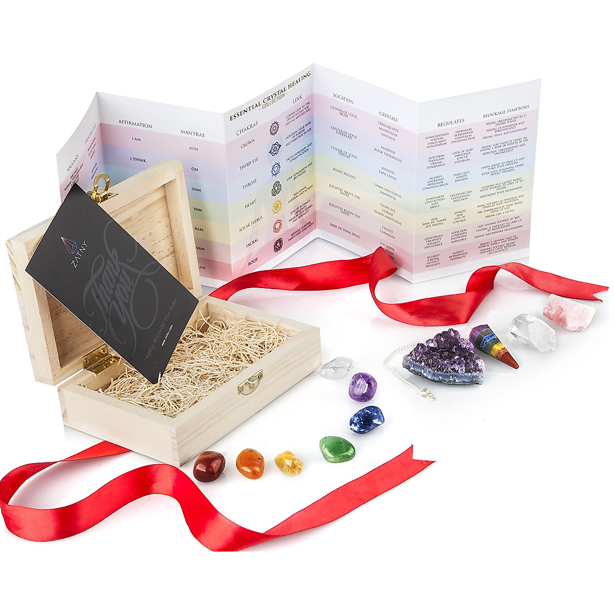 Premium Crystals and Healing Stones Premium Kit in Wooden Box - 7 Chakra Stones Healing Set, Rose Quartz, Amethyst Cluster, Quartz Points, Chakra Pendulum, EBook, Poster, Made-in-USA, Gift Ready