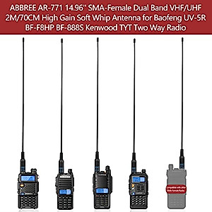 ABBREE AR-771 14.96Inch SMA-Female Dual Band VHF/UHF High Gain Soft Whip Antenna for Baofeng UV-5R(All),BF-F8HP, BF-F8TD,UV-82(All) BF-888S UV-10R BF-H6/H7 TP-8Plus Kenwood Two Way Radio