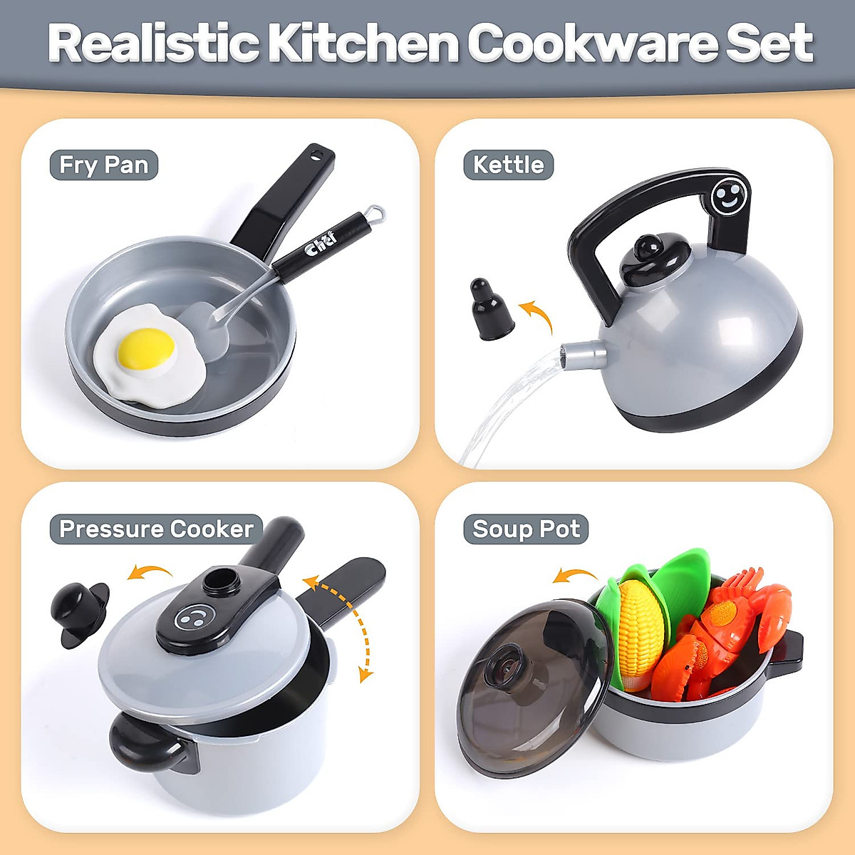 Cute Stone Kids Kitchen Pretend Play Toys,Play Cooking Set, Cookware Pots and Pans Playset, Peeling and Cutting Play Food Toys, Cooking Utensils Accessories, Learning Gift for Toddlers Baby Girls Boys