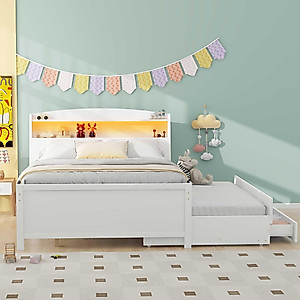 Mirightone Full Captain Bed with Trundle and Storage Drawers, Wood Platform Bed with LED Light Headboard, Twin Size Trundle Bed for Kids Boys Girls Teens, White