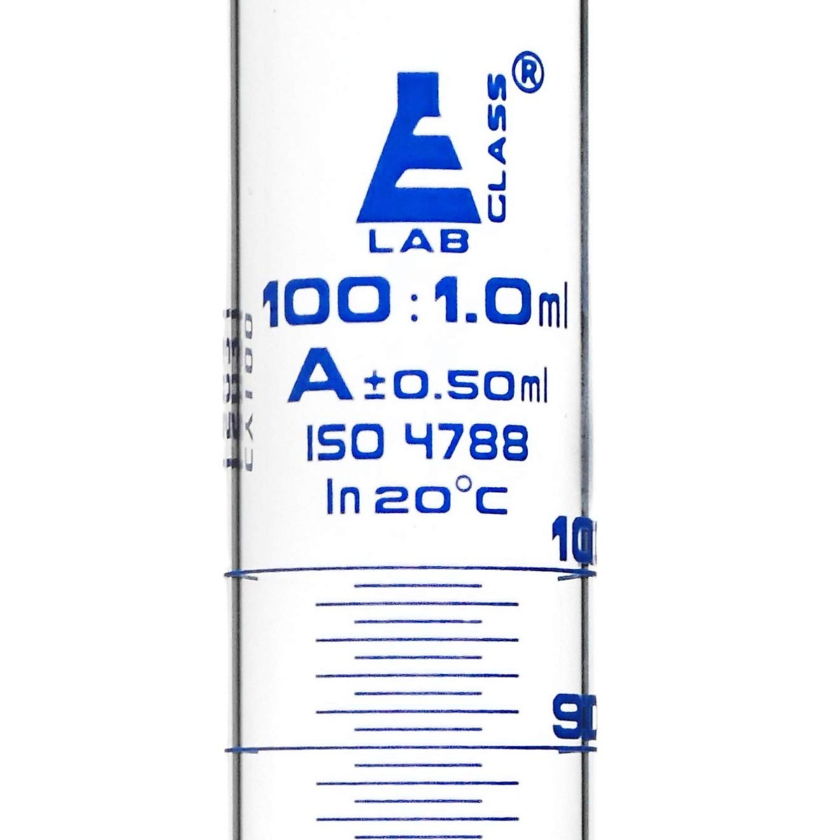 EISCO Graduated Cylinder, 100ml - Class A Tolerance ±0.50ml - Hexagonal Base - Blue Graduations - Borosilicate 3.3 Glass