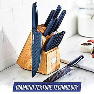 Blue Diamond Sharp Stone Nonstick Stainless Steel Cutlery, 14 Piece Wood Knife Block Set with Chef Steak Knives and more, Diamond Texture Blade, Dishwasher Safe Knives, Blue