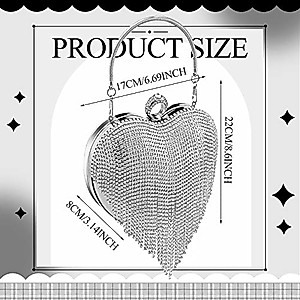 Amylove Heart Shape Tassel Evening Clutch Bag Silver Masquerade Tassel Mask Chain for Women Rhinestone Purse Face Jewelry for Wedding Party Cosplay