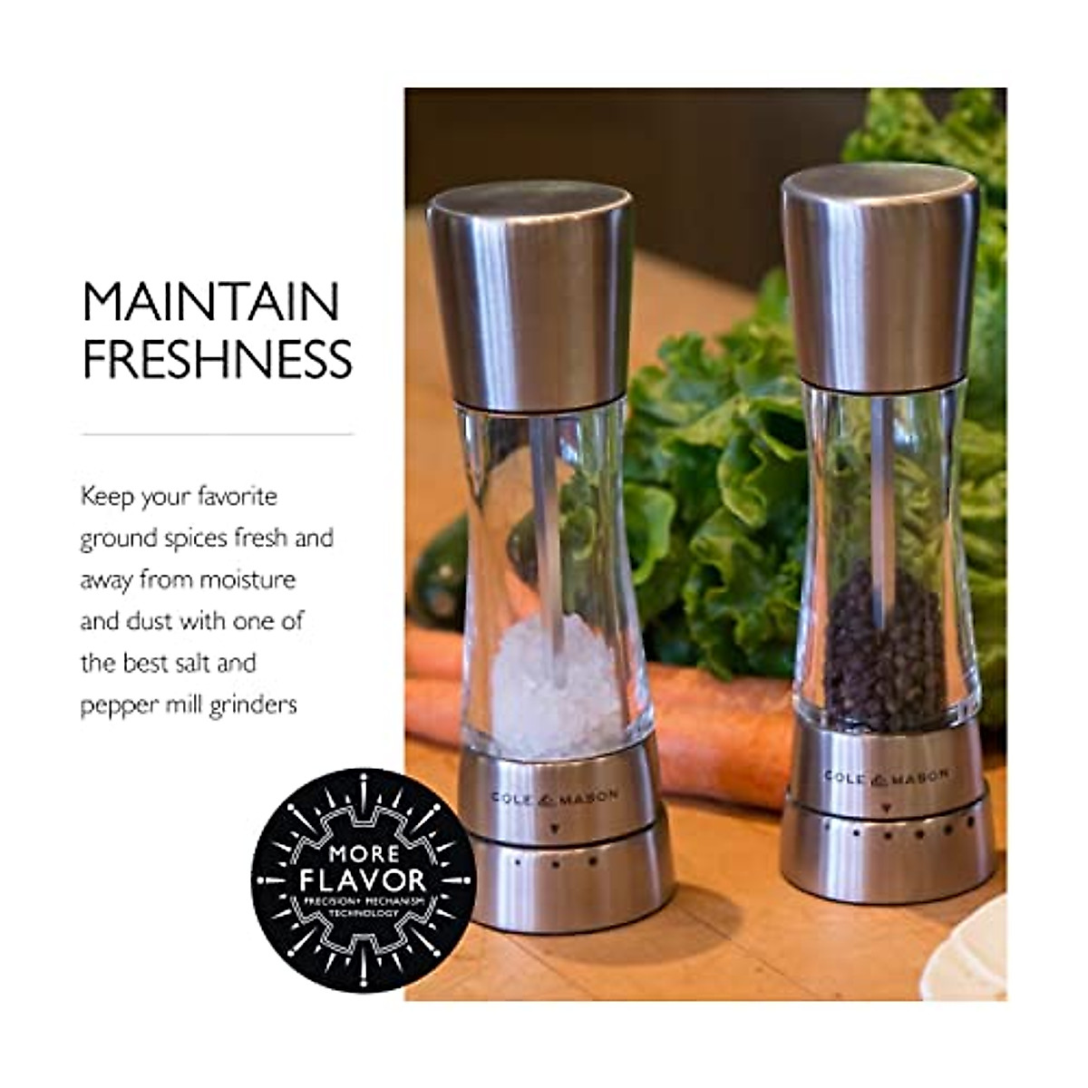 COLE & MASON Derwent Salt and Pepper Grinder Set - Stainless Steel Mills Include Gift Box, Gourmet Precision Mechanisms and Premium Sea Salt and Peppercorns