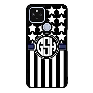 American Flag USA Thin Blue Line Police Monogram Black Rubber Phone Case Compatible With Google Pixel 8 Pro, 8a, 8, 7a, 7, Pixel 7 Pro, 6a, 6 Pro, 6, 5, 4a 5G, 4a 4G, 4, 4 XL, 3a, 3a XL, 3, 3 XL
