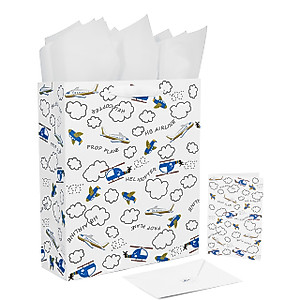 13" Large White Gift Bag Set with Greeting Card and Tissue Papers (Helicopter and Plane Design) or Boys’, Girls', or Kids' Party, Baby Showers, Boy