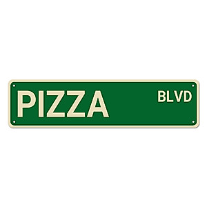 fuxinglin Pizza BLVD Street Sign, Pizza Sign Pizza Decor Pizza Lover Gift, Funny Wall Decor for Home/Garden/Kitchen, Quality Metal Signs 16x4 Inch