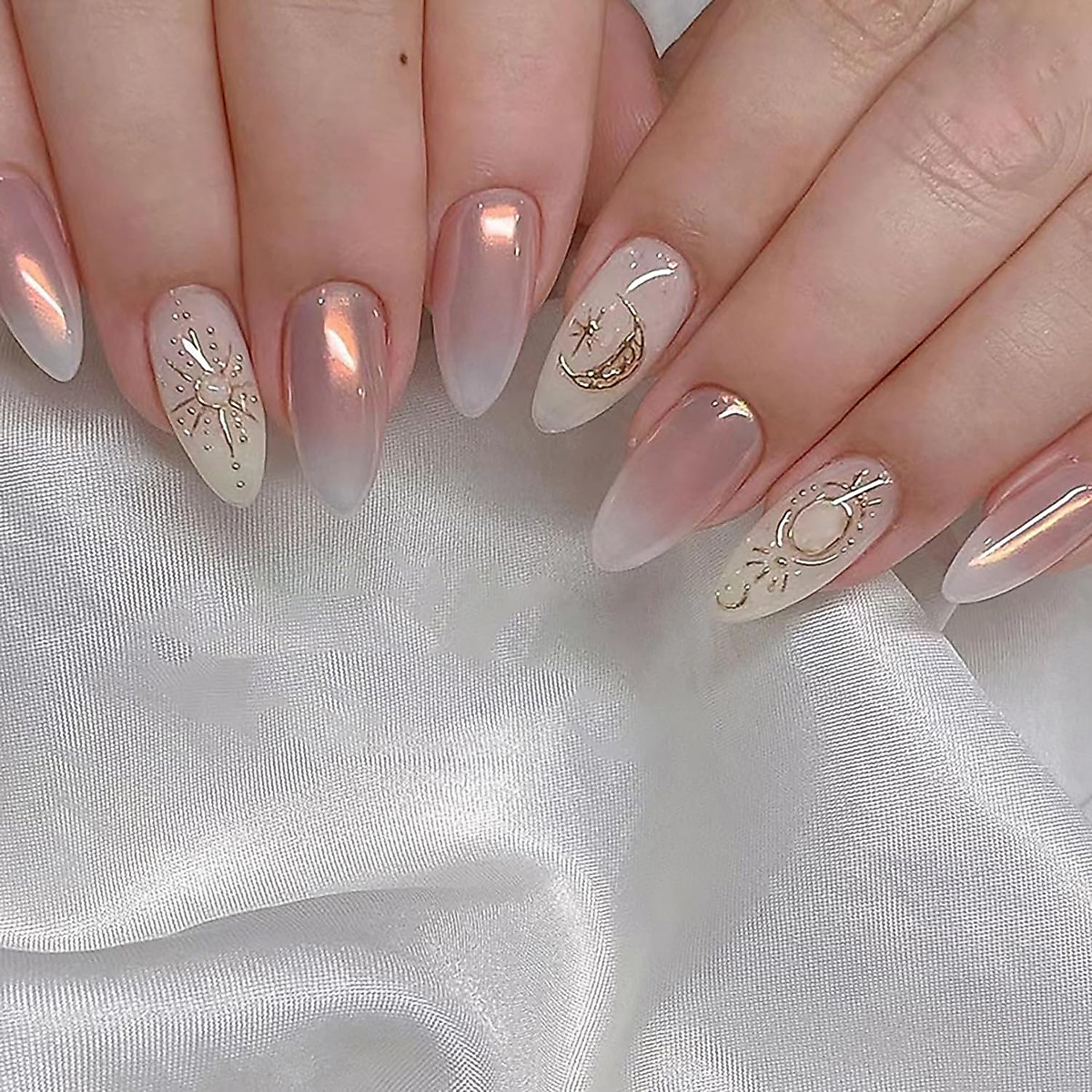 24Pcs Almond Press on Nails Medium Ombre Pink Fake Nails Gold Star Moon Nail Glossy Designs Nail Art Supplies Full Cover Artificial Nail Glue on Nails French False Nails for Women Girls Acrylic Nail