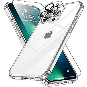 SPIDERCASE [3 in 1 Designed for iPhone 13 Pro Max Case, [Crystal Clear Not Yellowing][with 2 Pcs Tempered Glass Screen Protectors & 2 Pcs Camera Lens Protectors] Slim Thin Case (Silver)