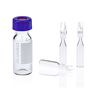 ALWSCI 2ml 9mm HPLC Vial, Clear Autosampler Vial Graduation, 9-425 Blue Screw Cap with Hole, White PTFE&Red Silicone Septa and Polyspring 6mm Insert Diameter, Volume 200µl (Pack of 100)