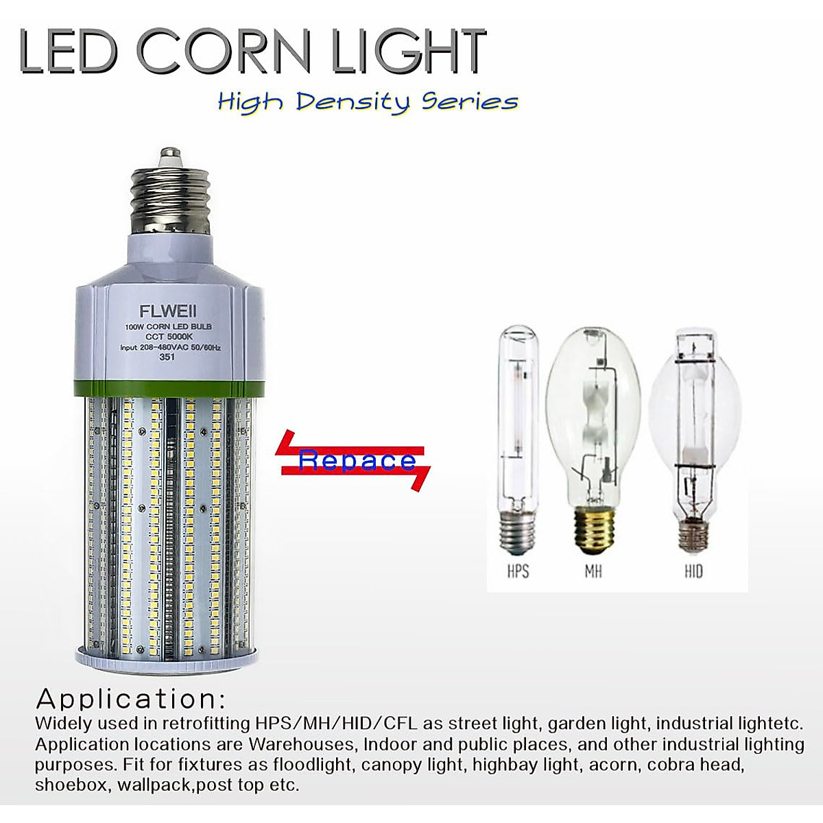 FLWEII LED Corn Light Bulb, 208-480V 100W E39 Mogul Base 5000K,14000 LM Replacement 400W HPS/MH for Indoor Outdoor Garage Warehouse Factory Backyard