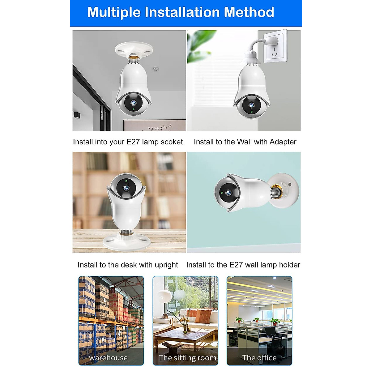 bluedery Light Bulb Camera 2.4GHz & 5G WiFi, 1080P E27 Light Bulb Camera Security Camera, Indoor 360°Home Security Cameras, Full Color Day and Night, Smart Motion Detection, Two-Way Audio