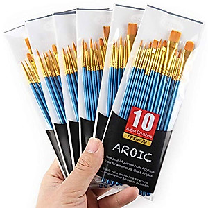 Acrylic Paint Brush Set, 6 Packs / 60 pcs Nylon Hair Brushes for All Purpose Oil Watercolor Painting Artist Professional Kits