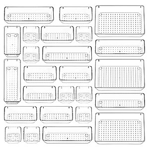 Puricon 25 Pcs Clear Desk Drawer Organizers Set, 4-Size Plastic Bedroom Vanity Dresser Tray Acrylic Bathroom Storage Bins for Makeups Jewelries Kitchen Utensils Gadgets Office Accessories -Clear