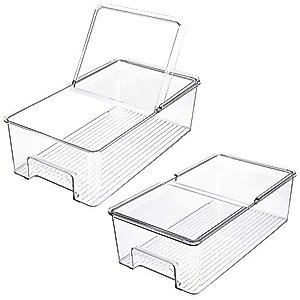 SANNO Vegetable Refrigerator Organizer Food Bins with lids Large Stackable Fridge Clear Organizers Kitchen Cabinet Organizer for Freezer, Kitchen, Countertops, Cabinets Pantry Storage Rack，set of 2