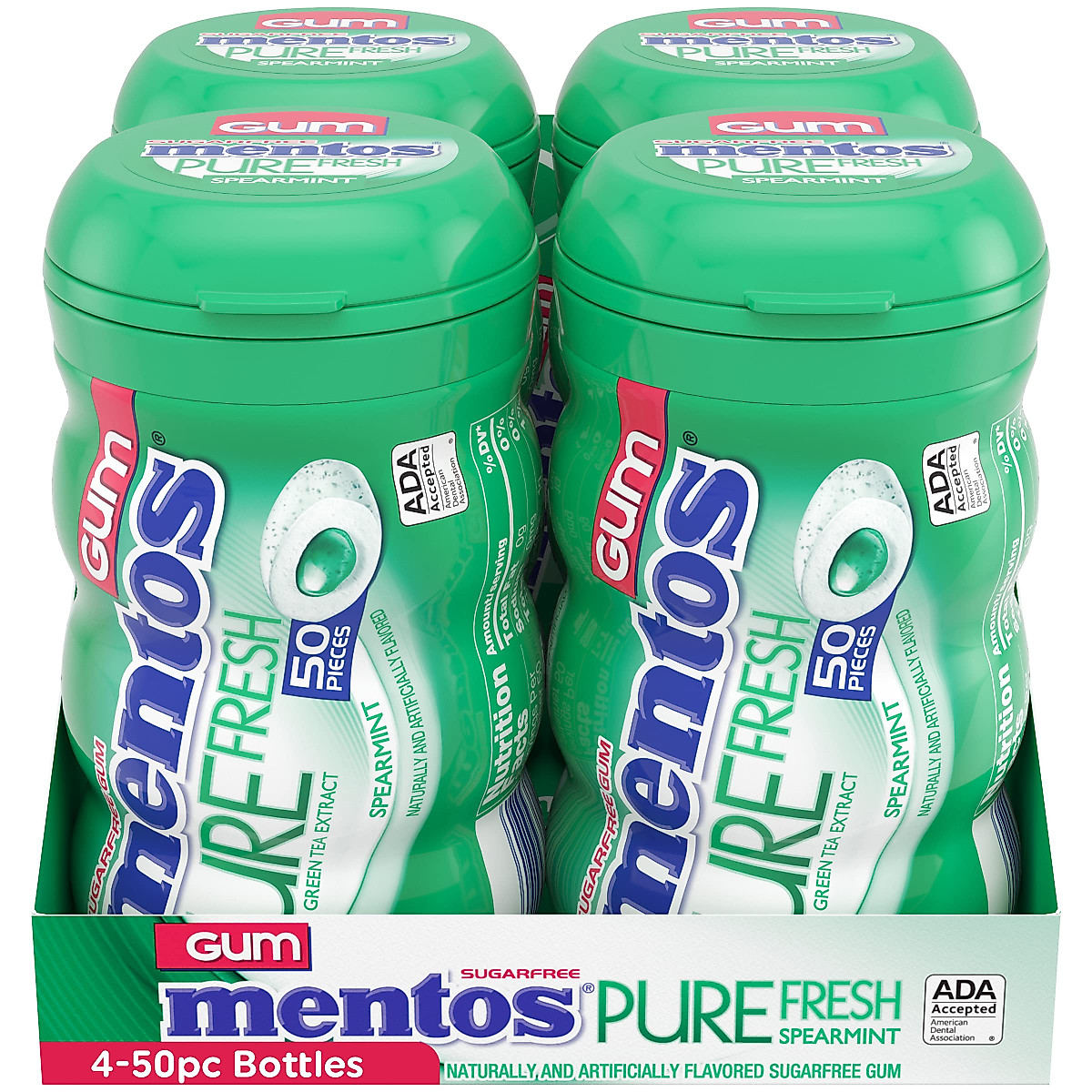 Mentos Pure Fresh Sugar-Free Chewing Gum with Xylitol, Spearmint, 50 Piece Bottle (Bulk Pack of 4)