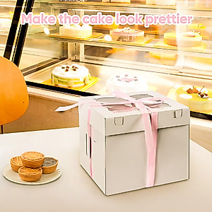 Zeonly 5 Pcs 10x10x8 inch Corrugated Cake Boxes with Cake Boards,10 inch Tall Cake Box with Stickers and Ribbon for Christmas Wedding Birthday Party