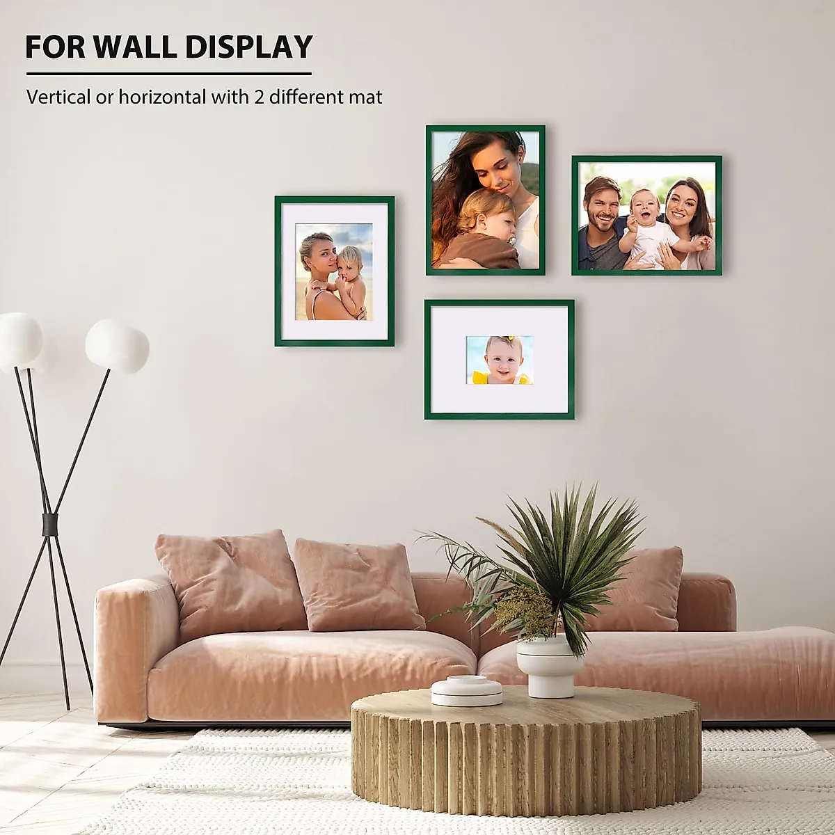 KINLINK 11x14 Picture Frame Green, Solid Wood Frames with Acrylic Plexiglass for Pictures 5x7/8x10 with Mat or 11x14 without Mat, Tabletop and Wall Mounting Display, Set of 4