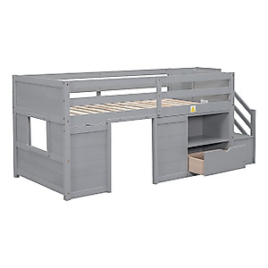 Harper & Bright Designs Low Loft Bed with Stairs, Solid Wood Twin Size Low Loft Bed Frame with Storage Drawers and Shelf, for Kids Teens Girls Boys (Twin Size, Gray)