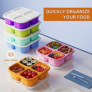KEMETHY 6 Pcs Bento Snack Containers, Reusable 4 Compartment Food Storage Container with Lids, Divided Lunchable Container, Freezer, Microwave & Dishwasher Safe (6 Color)