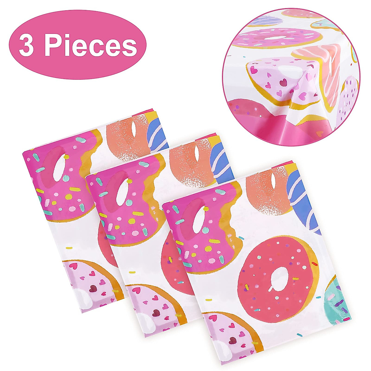 PHOGARY 3 Pack Donut Theme Tablecovers, Disposable Tablecloth, Dessert Time Party Supplies, Ideal for Girl Birthday Parties, Baby Showers, Donut Parties